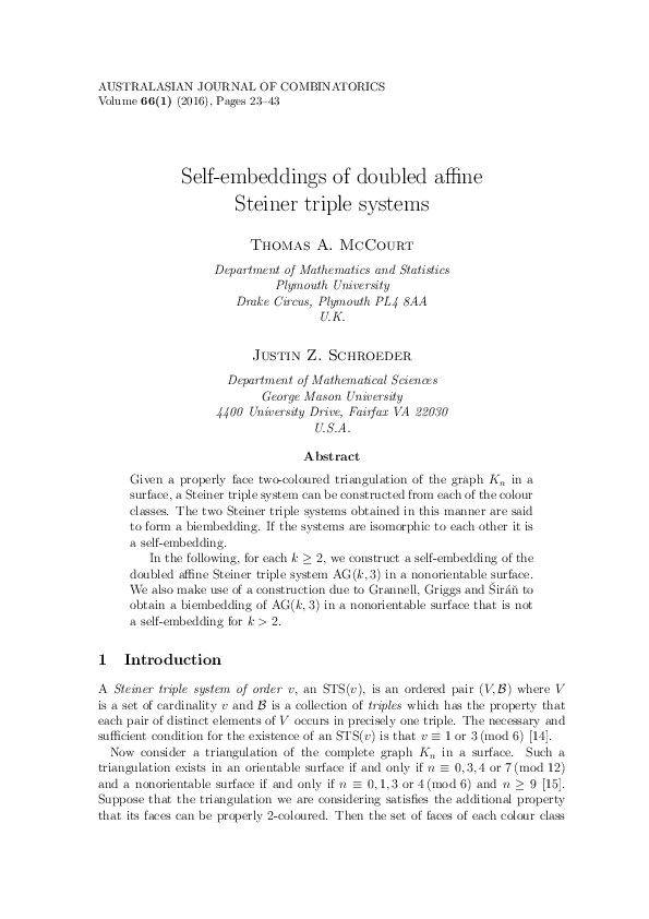 (PDF) Self-embeddings of doubled affine Steiner triple systems | Justin Schroeder - Academia.edu