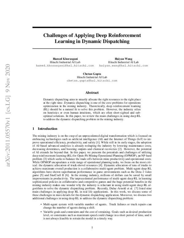 (PDF) Challenges of Applying Deep Reinforcement Learning in Dynamic Dispatching