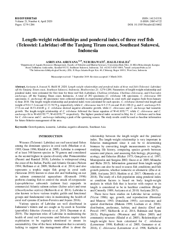 (PDF) Length-weight relationships and ponderal index of three reef fish ...