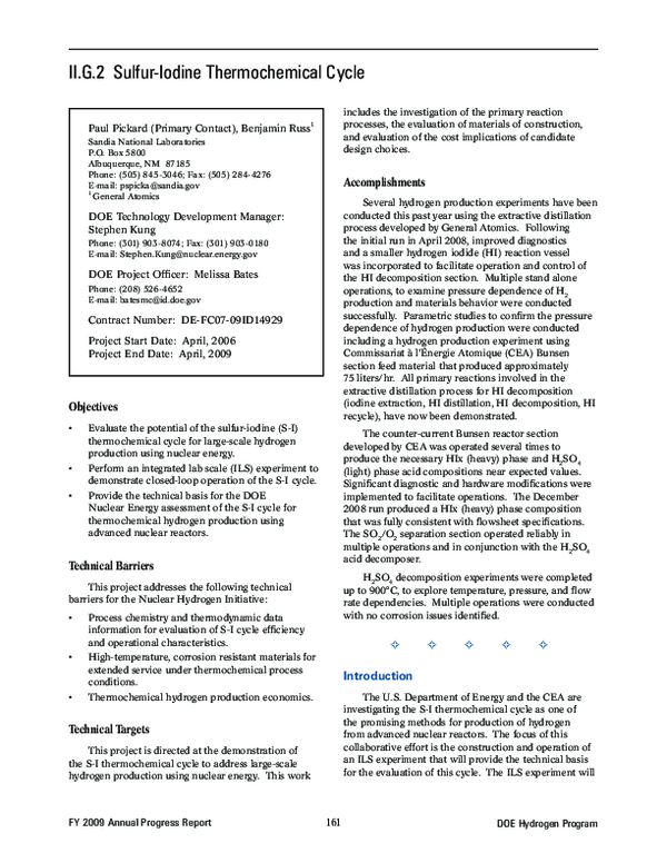 (PDF) IV.G.2 Sulfur-Iodine Thermochemical Cycle