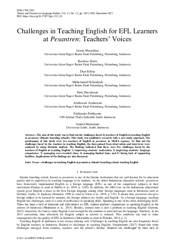 (PDF) Challenges in Teaching English for EFL Learners at Pesantren ...