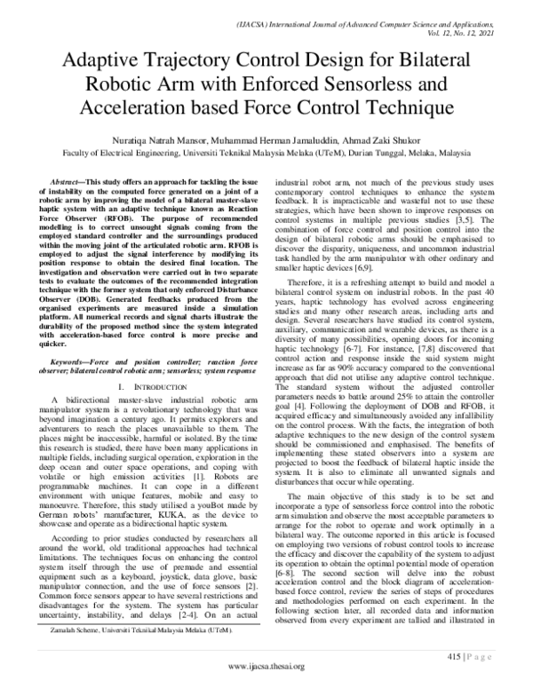 (PDF) Adaptive Trajectory Control Design for Bilateral Robotic Arm with Enforced Sensorless and ...