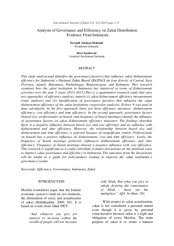 (PDF) Analysis of Governance and Efficiency on Zakat Distribution: Evidence From Indonesia