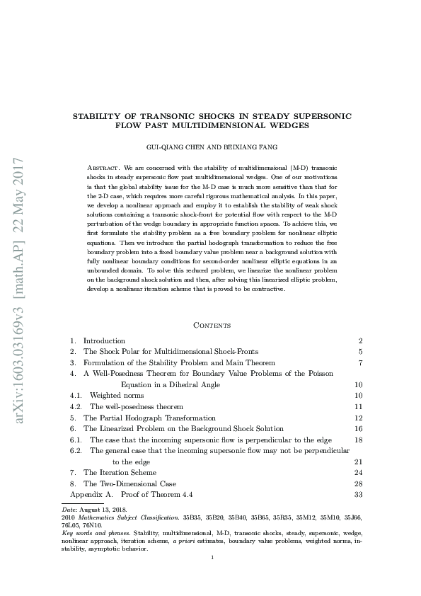 (PDF) Stability of transonic shocks in steady supersonic flow past ...