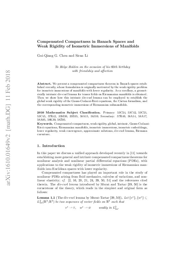 (PDF) Compensated compactness in Banach spaces and weak rigidity of isometric immersions of ...