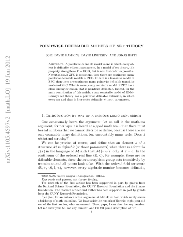 (PDF) 2 Pointwise Definable Models of Set Theory | Jonas Reitz - Academia.edu
