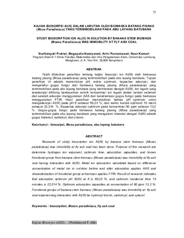 (PDF) KAJIAN BIOSORPSI Al(III) DALAM LARUTAN OLEH BIOMASSA BATANG ...