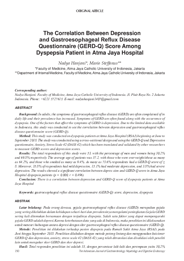 (PDF) The Correlation Between Depression Questionnaire (GERD-Q) Score ...