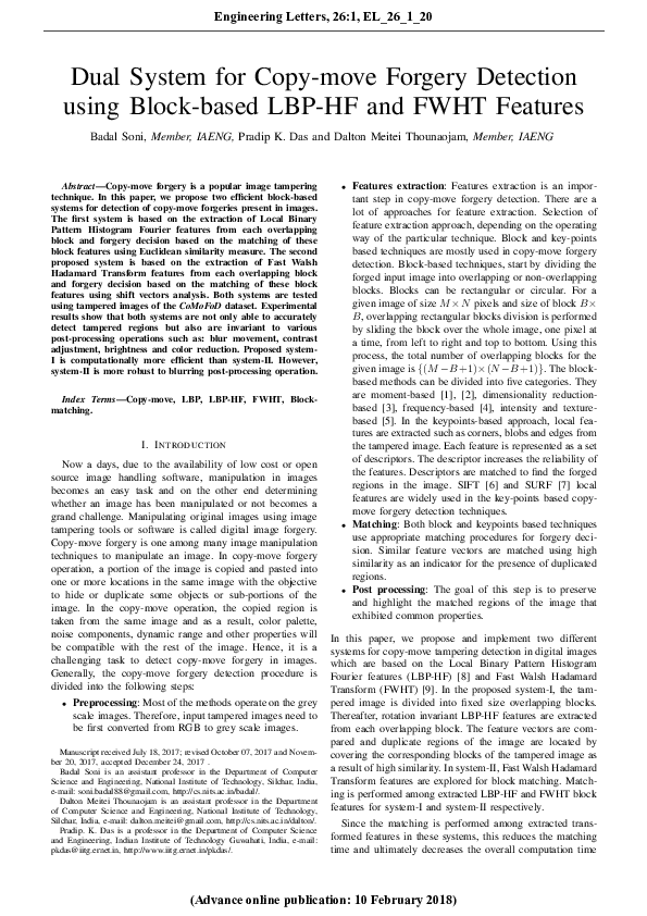 Pdf Dual System For Copy Move Forgery Detection Using Block Based Lbp Hf And Fwht Features