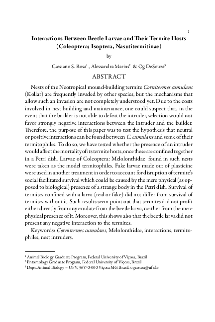 (PDF) Interactions Between Beetle Larvae and Their Termite Hosts ...