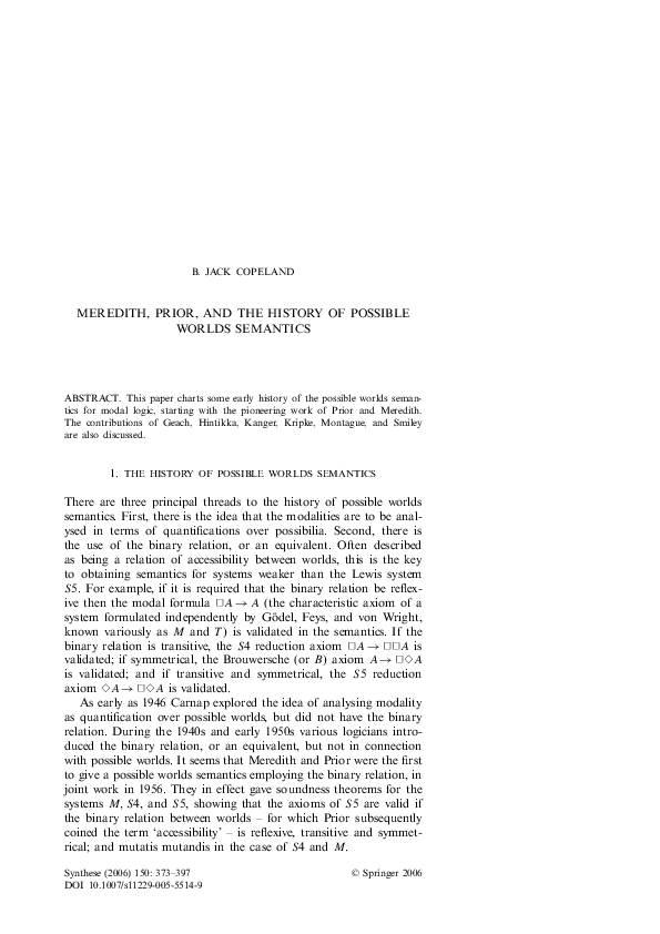 (PDF) Meredith, Prior, and the History of Possible Worlds Semantics