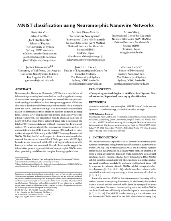 (PDF) MNIST classification using Neuromorphic Nanowire Networks