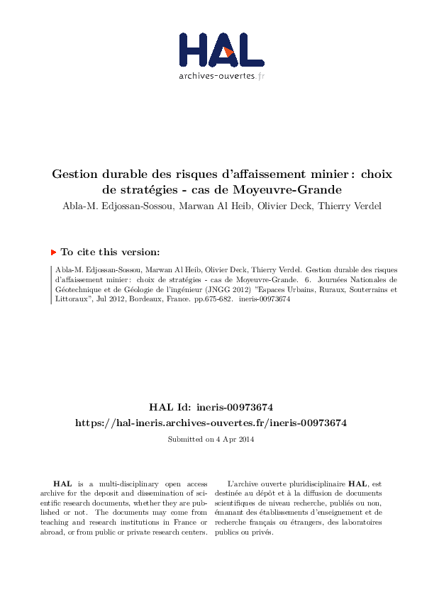 (PDF) Gestion durable des risques d'affaissement minier : choix de ...