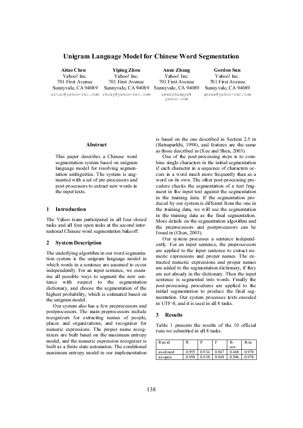 (PDF) Unigram Language Model for Chinese Word Segmentation
