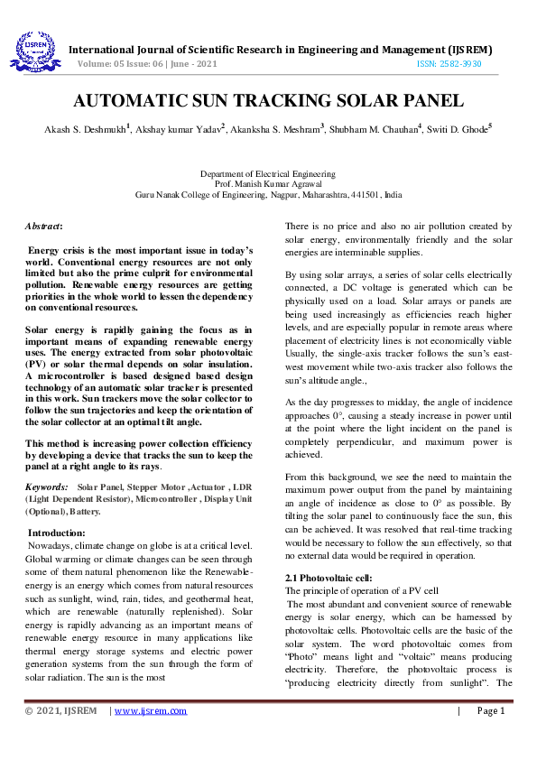 (PDF) Automatic Sun Tracking Solar Panel