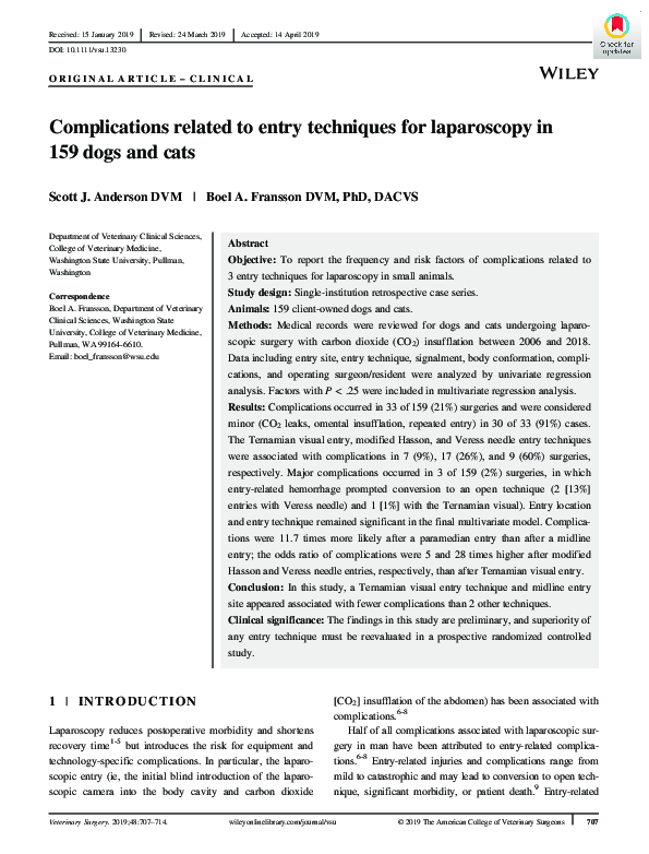 (PDF) Complications related to entry techniques for laparoscopy in 159 ...