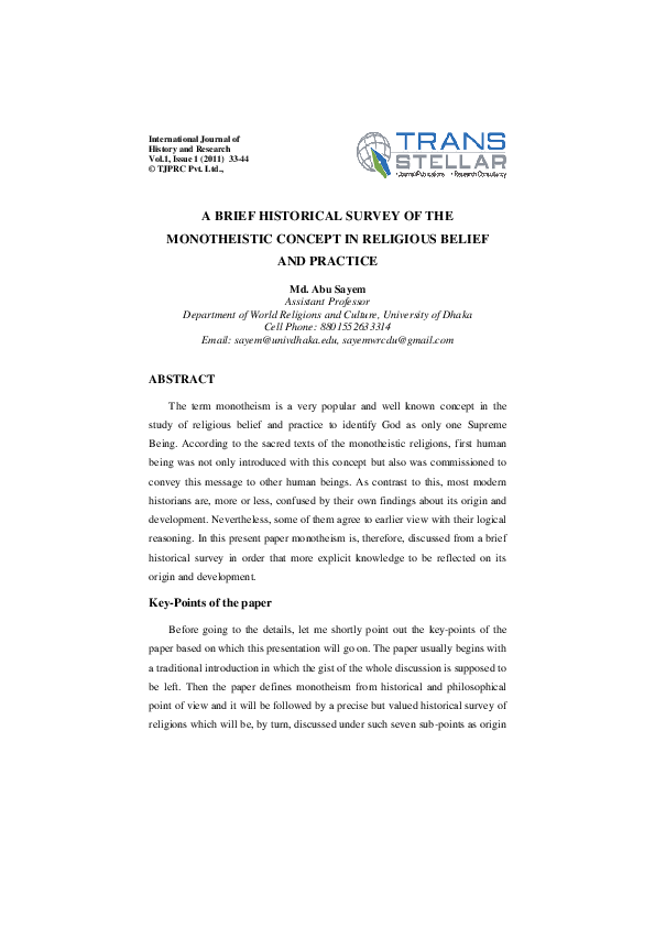(PDF) A Brief Historical Survey of the Monotheistic Concept in ...
