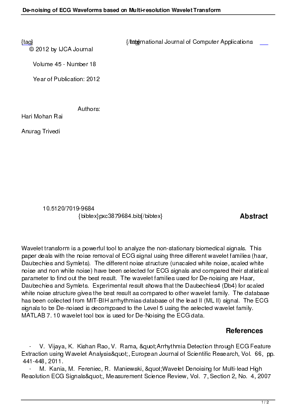 (PDF) De-noising of ECG Waveforms based on Multi-resolution Wavelet Transform | HARI MOHAN RAI ...