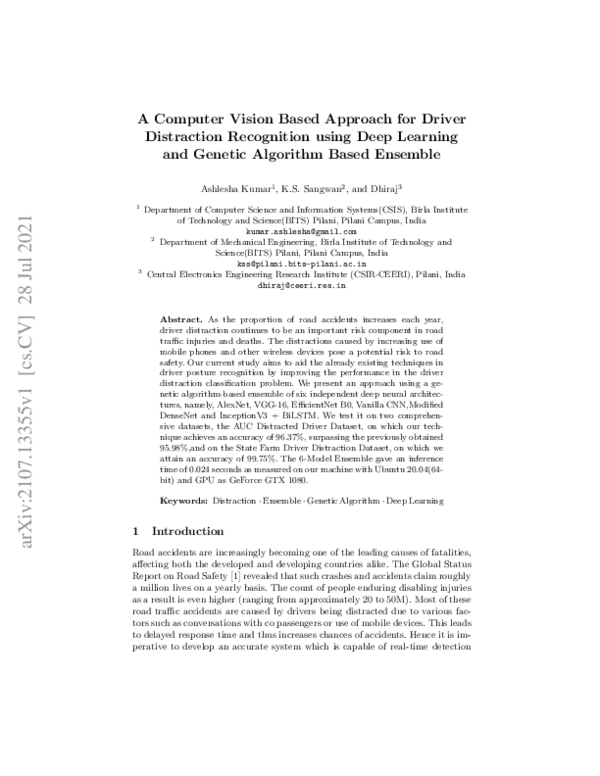 Pdf A Computer Vision Based Approach Fordriver Distraction