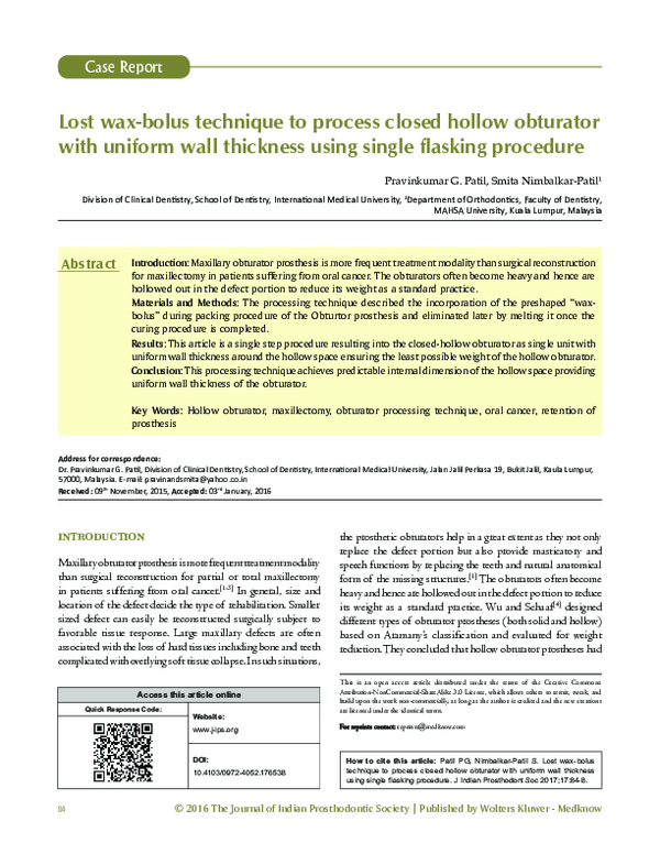(PDF) Lost wax-bolus technique to process closed hollow obturator with ...