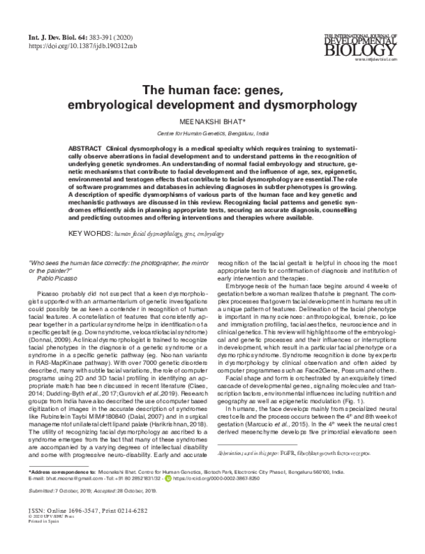 (PDF) The human face: genes, embryological development and dysmorphology