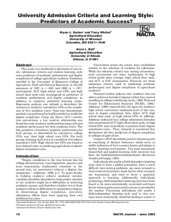 (PDF) University Admission Criteria and Learning Style: Predictors of ...
