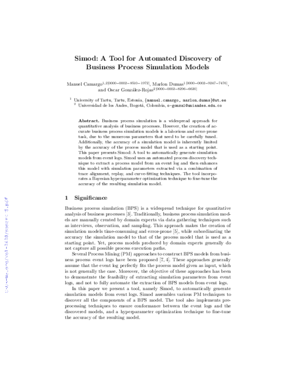 (PDF) Simod: A Tool for Automated Discovery of Business Process Simulation Models