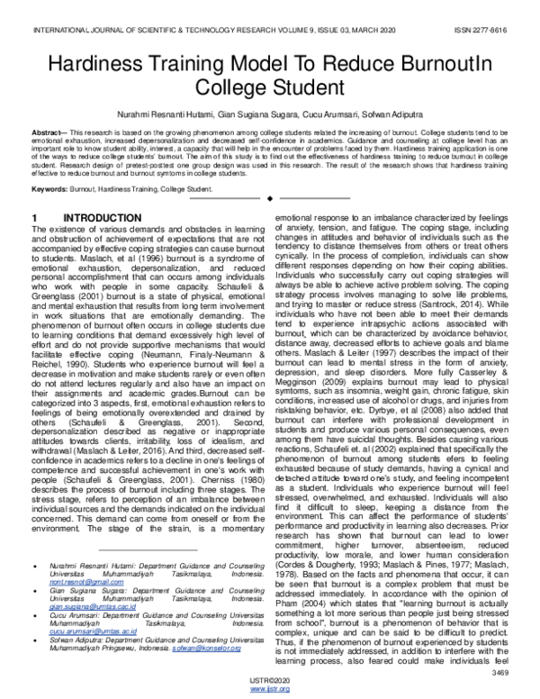 (PDF) Hardiness Training Model To Reduce BurnoutIn College Student