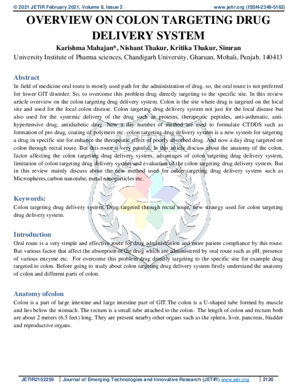 Pdf Overview On Colon Targeting Drug Delivery System