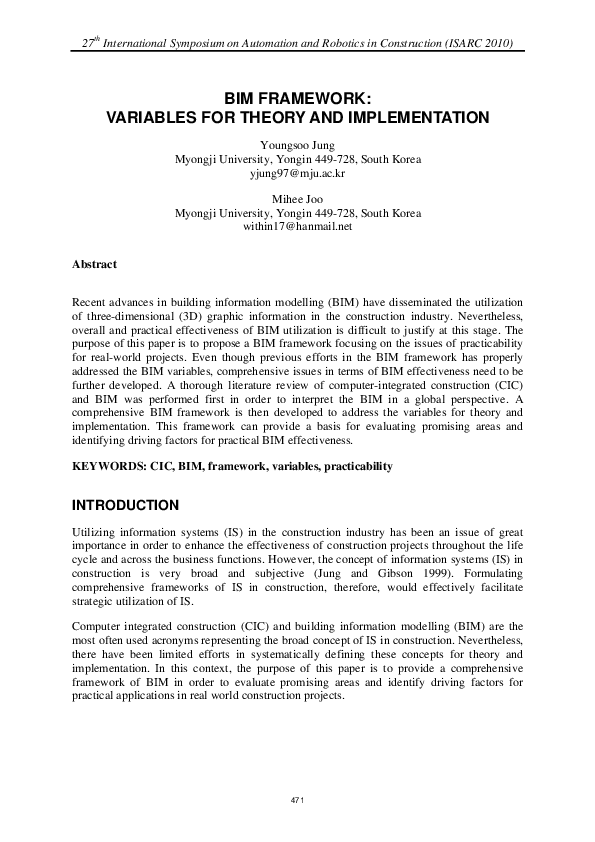 (PDF) BIM Framework Variables for Theory and Implementation