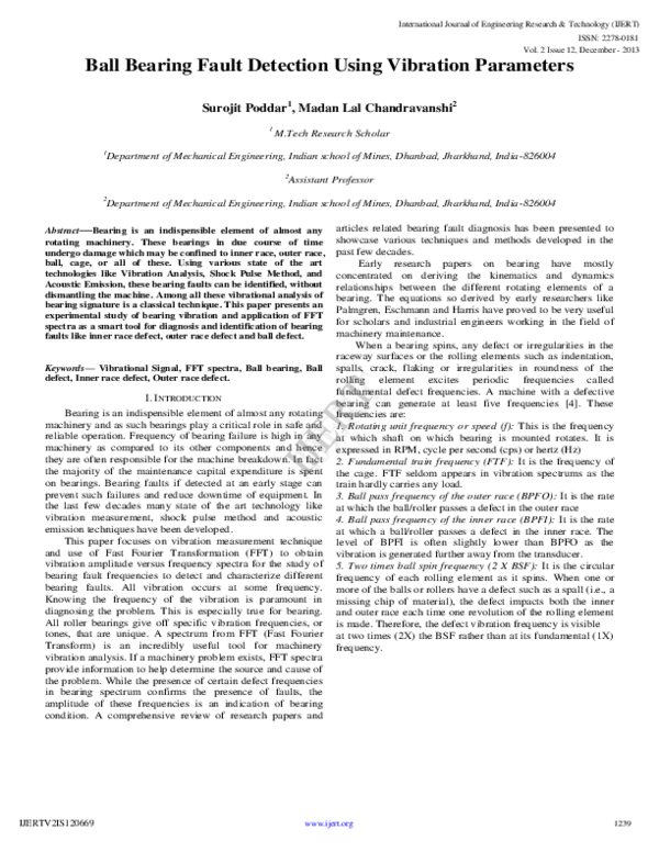 Pdf Ball Bearing Fault Detection Using Vibration Parameters