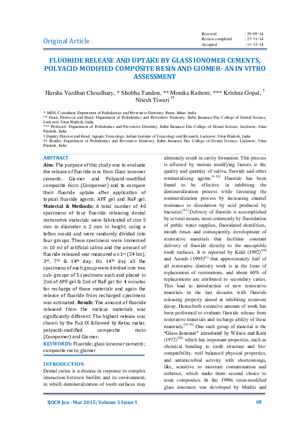 (PDF) Fluoride Release and Uptake by Glass Ionomer Cements, Polyacid ...