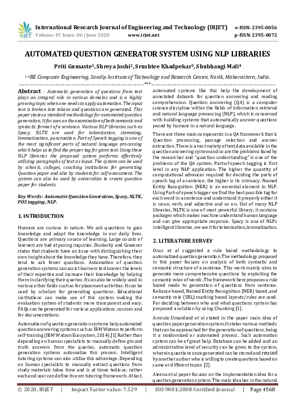 (PDF) Automated Question Generator System Using NLP Libraries