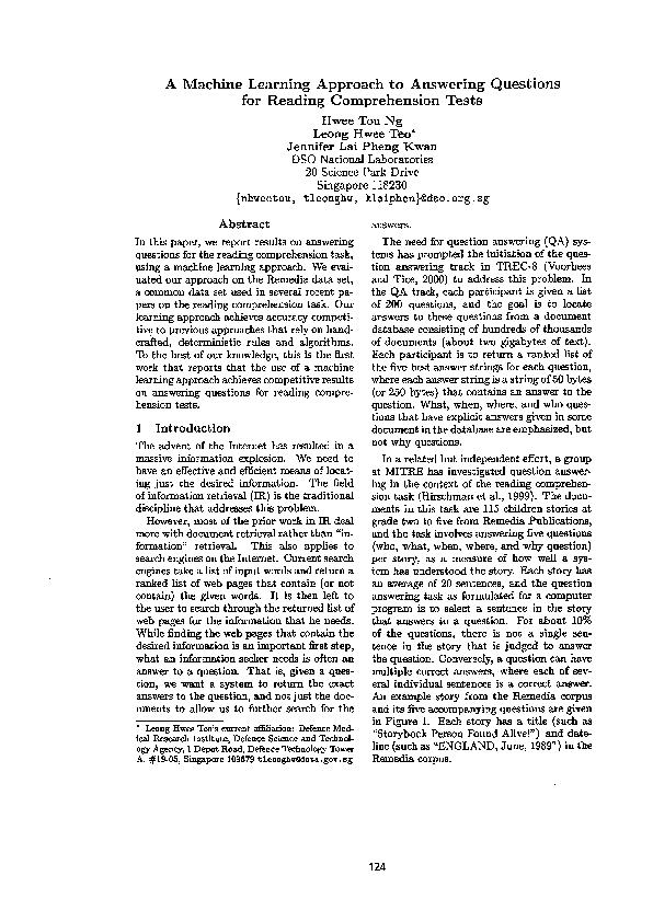 Pdf A Machine Learning Approach To Answering Questions For Reading Comprehension Tests