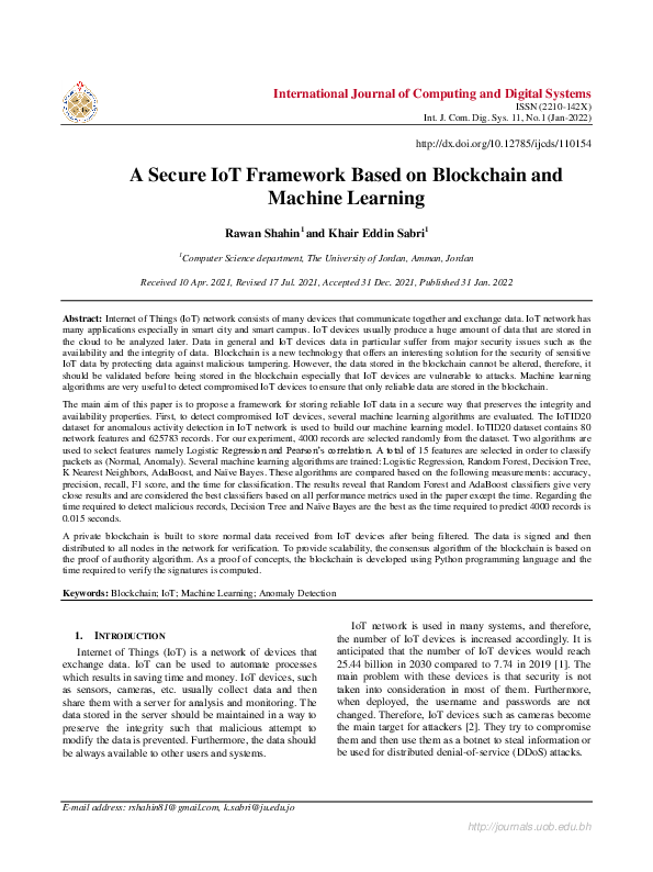 Pdf A Secure Iot Framework Based On Blockchain And Machine Learning