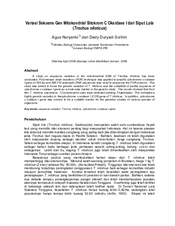 (PDF) Variasi Sekuens Gen Mitokondrial Sitokrom C Oksidase I dari Siput ...