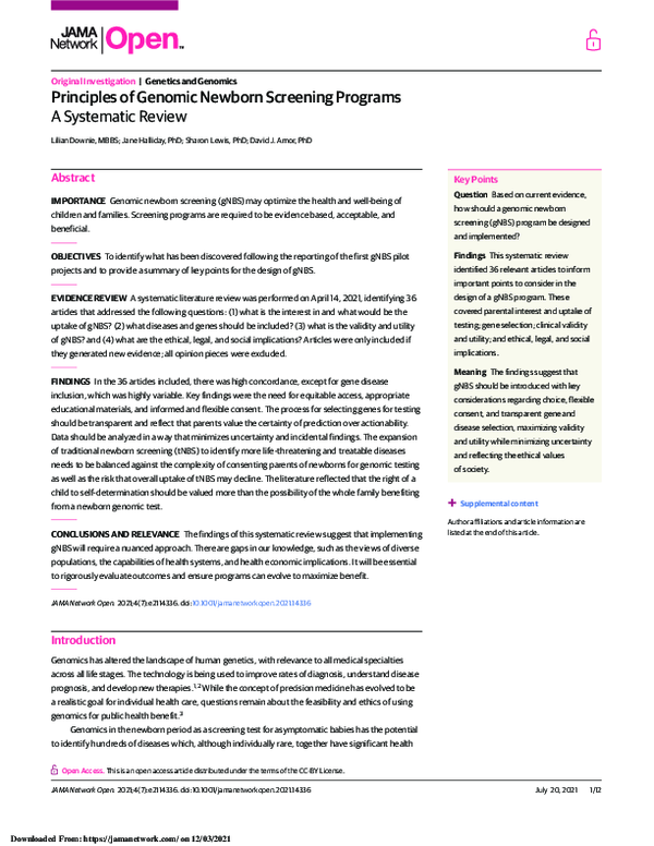 (PDF) Principles of Genomic Newborn Screening Programs