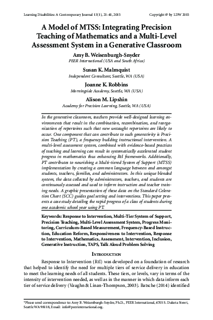 (PDF) A Model of MTSS: Integrating Precision Teaching of Mathematics ...