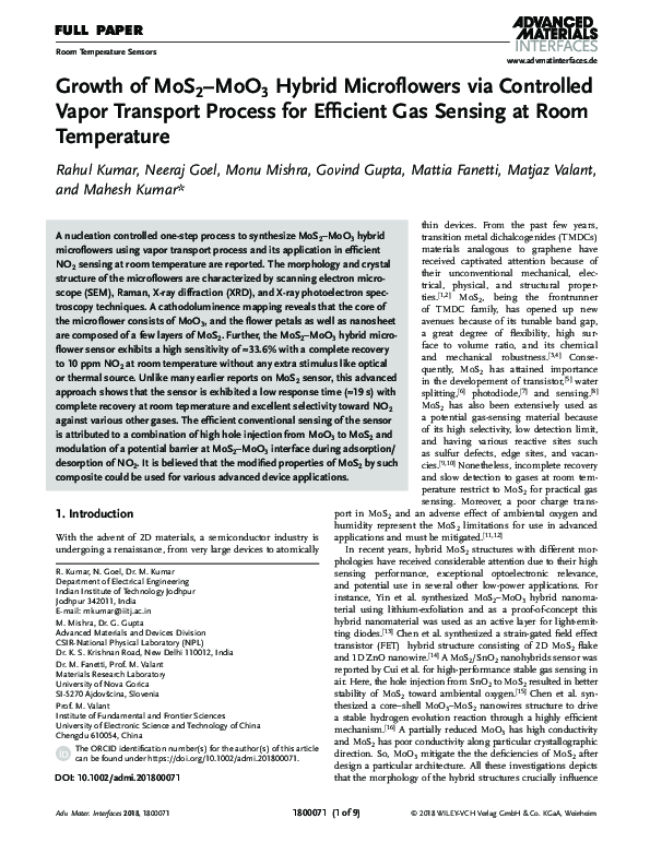 (PDF) Growth of MoS2 -MoO3 Hybrid Microflowers via Controlled Vapor ...