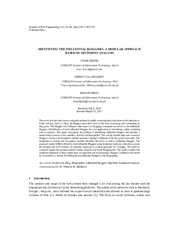 Pdf Identifying The Influential Bloggers A Modular Approach Based On Sentiment Analysis
