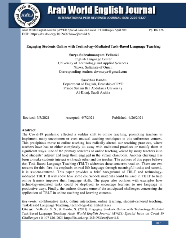(PDF) Engaging Students Online with Technology-Mediated Task-Based Language Teaching