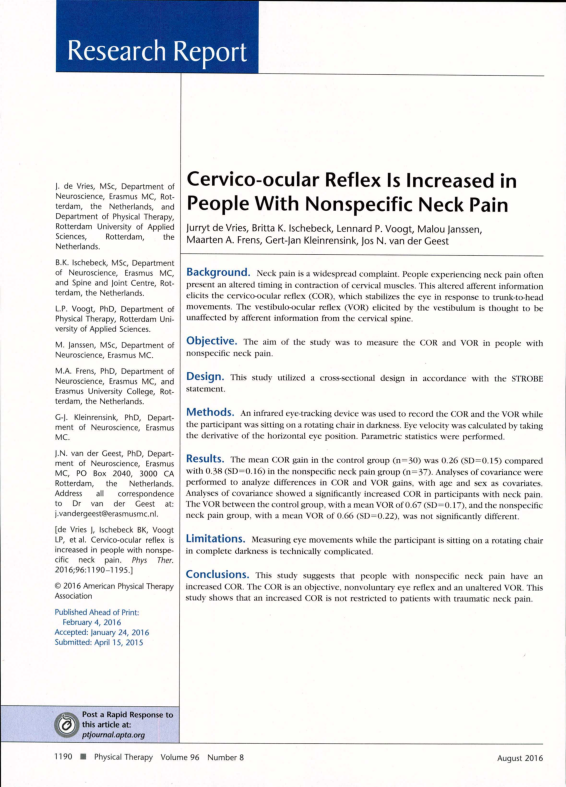 (PDF) Cervico-ocular Reflex in Nonspecific Neck Pain