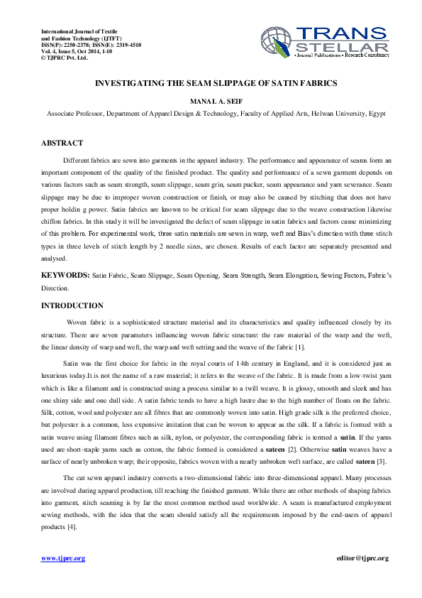 (PDF) Investigating the Seam Slippage of Satin Fabrics