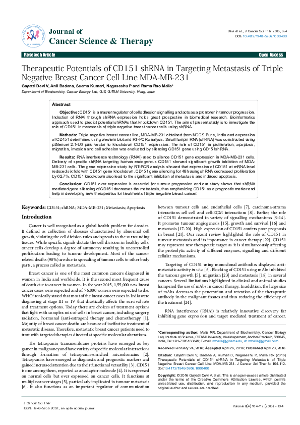 (PDF) Therapeutic Potentials of CD151 shRNA in Targeting Metastasis of Triple Negative Breast ...