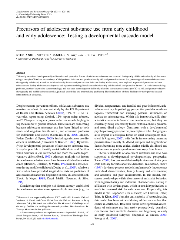 (PDF) Precursors of adolescent substance use from early childhood and ...