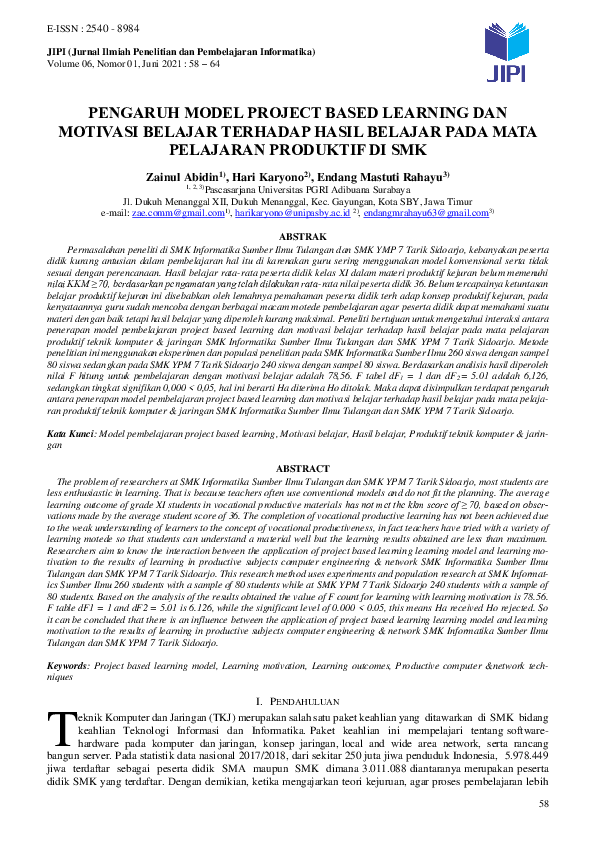 (PDF) Pengaruh Model Project Based Learning Dan Motivasi Belajar ...