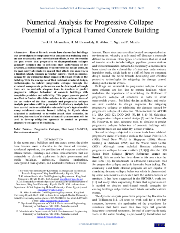 (PDF) Numerical Analysis for Progressive Collapse Potential of a ...