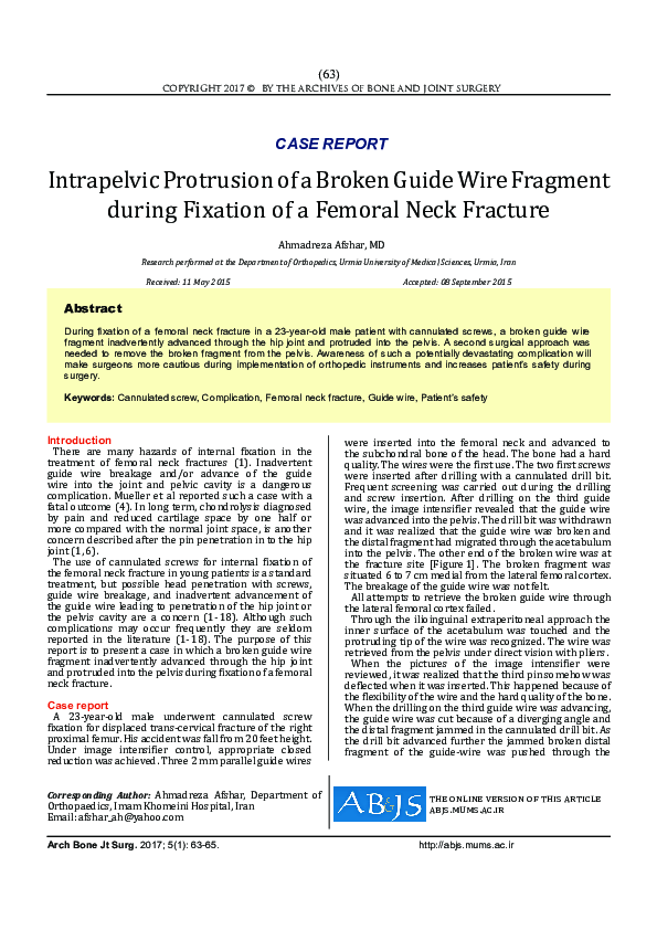 (PDF) Intrapelvic Protrusion of a Broken Guide Wire Fragment during ...