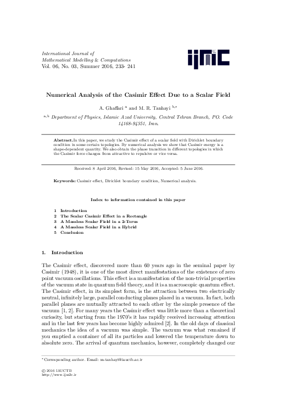 (PDF) Numerical Analysis of the Casimir Effect Due to a Scalar Field