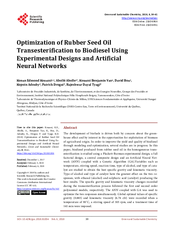 (PDF) Optimization of Rubber Seed Oil Transesterification to Biodiesel ...